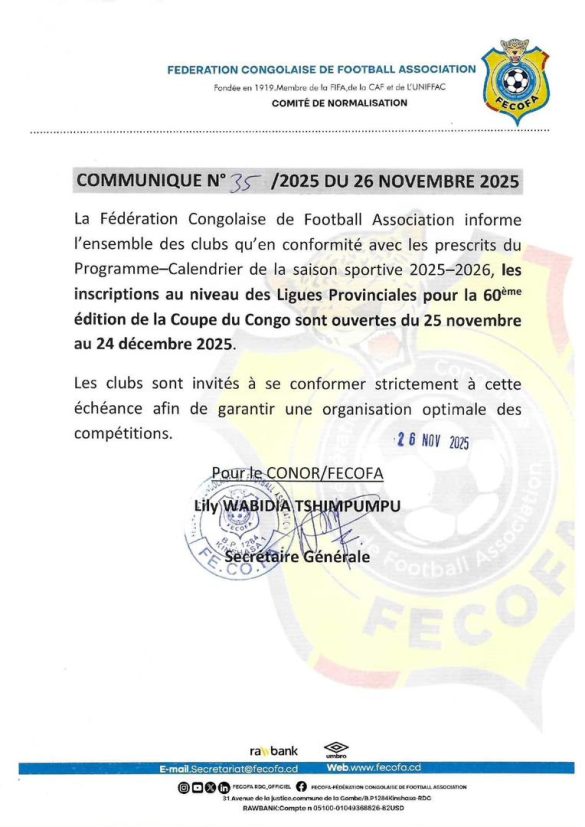 Coupe du Congo 2025 : La FECOFA lance les inscriptions pour la 60e ...