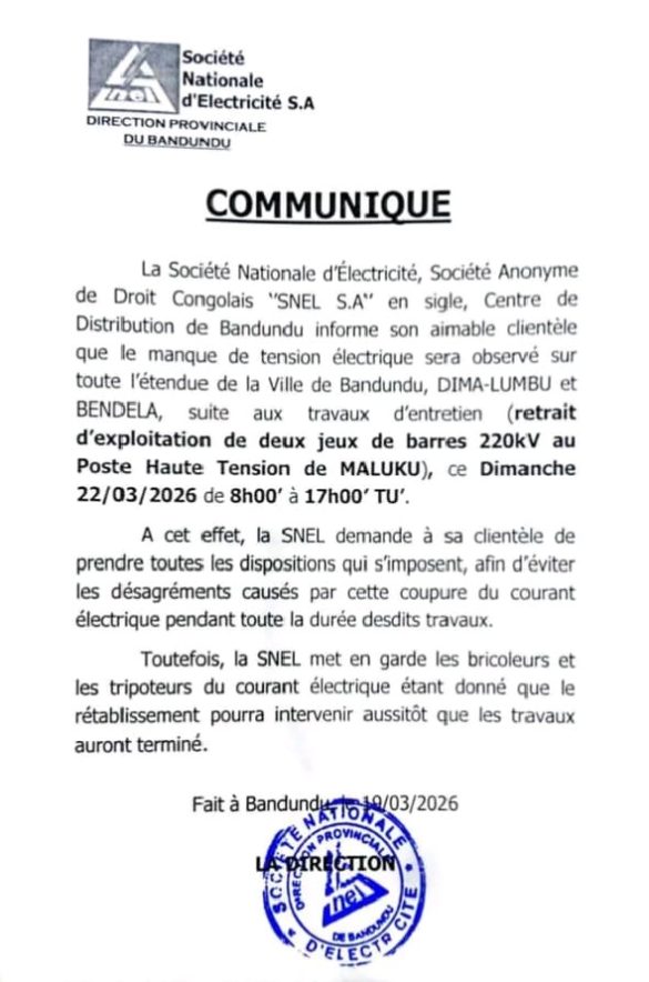 Bandundu : La SNEL annonce une coupure d’électricité ce dimanche 22 ...